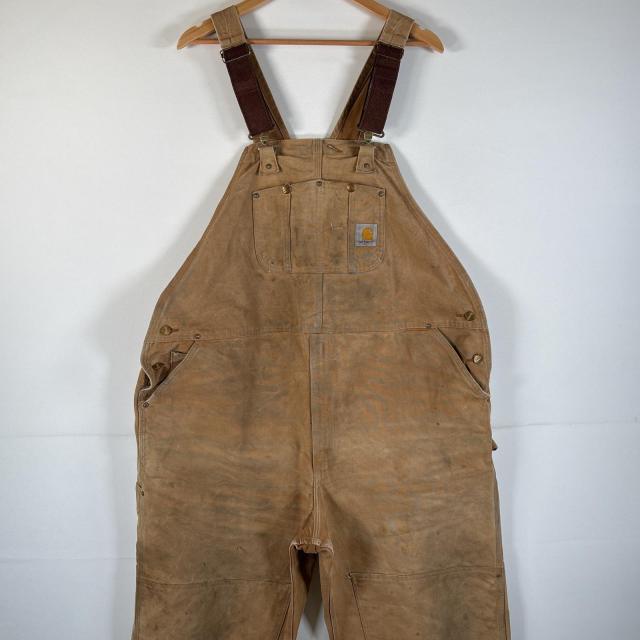 古着 カーハート Carhartt USA製 オーバーオール ダック ワンポイントロゴ ワーク ダブルニー 大きいサイズ  w50 L30 キャメル メンズ
