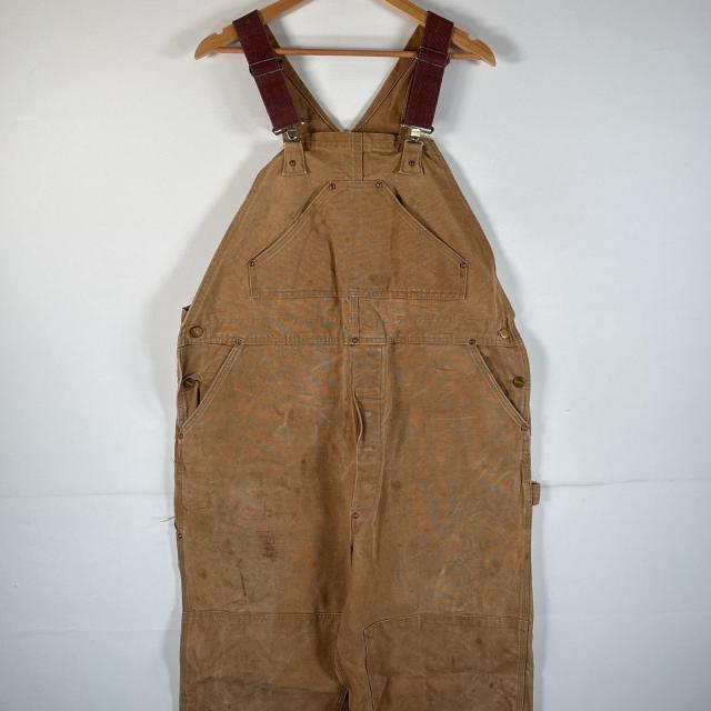 古着 70s/70年代 ヴィンテージ カーハート Carhartt USA製 オーバーオール ダック  ダブルニー 大きい 山ポケット w44 L32 キャメル
