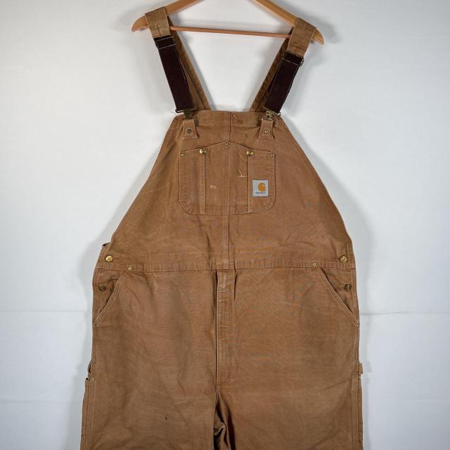 古着 カーハート Carhartt オーバーオール ダック ワンポイントロゴ サイドポケット ダブルニー  大きいサイズ キャメル メンズ