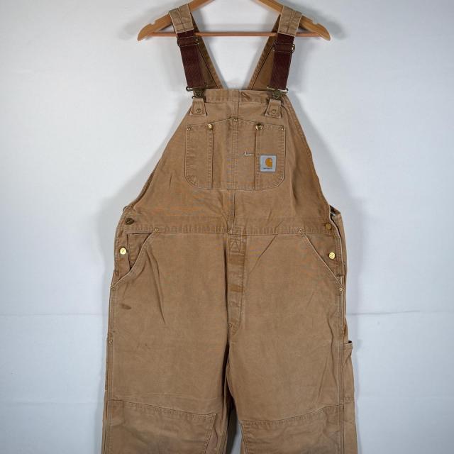 古着 カーハート Carhartt オーバーオール ダック ワーク ワンポイントロゴ サイドポケット ダブルニー  大きいサイズ w44 L32 キャメル
