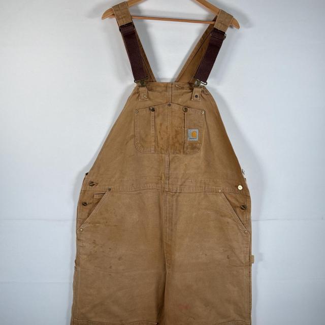 古着 カーハート Carhartt オーバーオール ダック ワーク ワンポイントロゴ サイドポケット ダブルニー  大きいサイズ w48 L34 キャメル