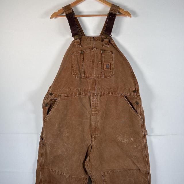 古着 カーハート Carhartt オーバーオール ダック ワーク ワンポイントロゴ サイドポケット 大きいサイズ ダブルニー w44 L30 ブラウン系