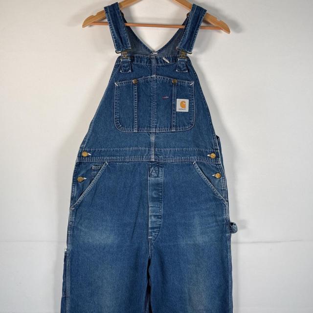 古着 カーハート Carhartt オーバーオール デニム ワーク ワンポイントロゴ 大きいサイズ ハンマーループ サイドポケット ブルー メンズ