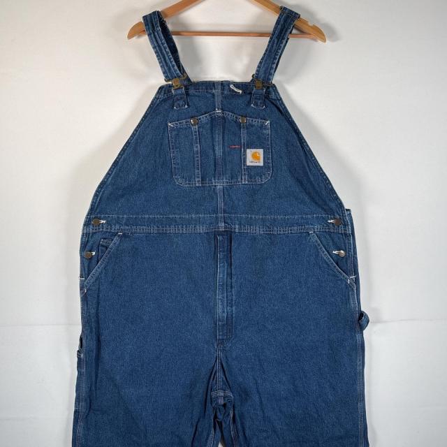 古着 カーハート Carhartt オーバーオール デニム ワーク ワンポイントロゴ 大きいサイズ ハンマーループ w50 L30 インディゴブルー