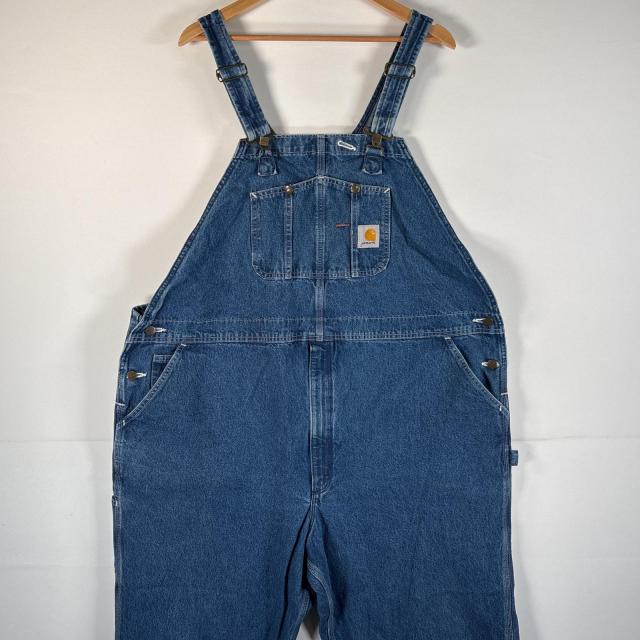 古着 カーハート Carhartt オーバーオール デニム ワーク ワンポイントロゴ 大きいサイズ ハンマーループ w50 L30  ブルー系 メンズ