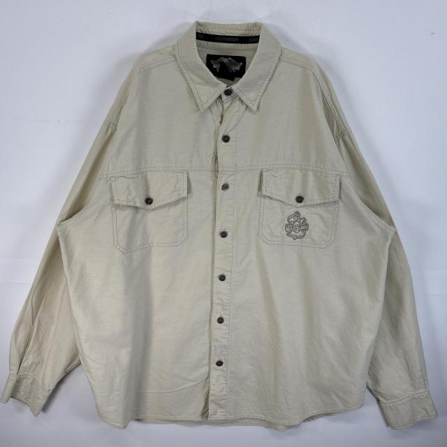 古着 ハーレーダビッドソン HARLEY DAVIDSON 長袖シャツ ロゴ 刺繍 フラップポケ ボタンダウンタイプ X-LARGE  ベージュ 無地 メンズ
