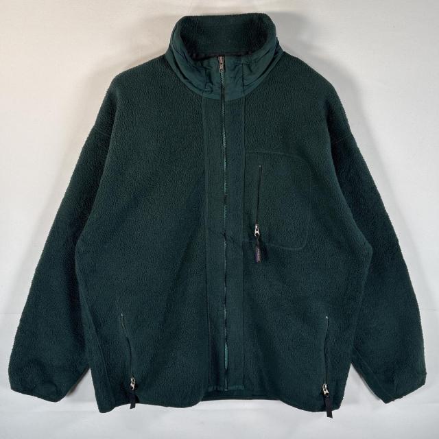 古着 90s/90年代 パタゴニア patagonia USA製 フルジップフリースジャケット シンチラ ワンポイント 大きいサイズ XXL  グリーン