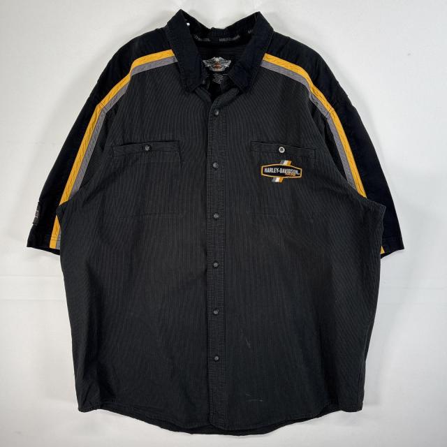 古着 ハーレーダビッドソン HARLEY DAVIDSON 半袖シャツ レーシング 両面 ロゴ ワッペン 大きいサイズ 2XL TALL ブラック系 マルチカラー