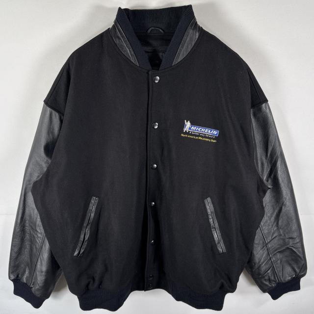 古着  OUTERBOUNDARY スタジャン レザーウール アワードジャケット 企業ロゴ「MICHELIN」 大きいサイズ XXXL  ブラック メンズ