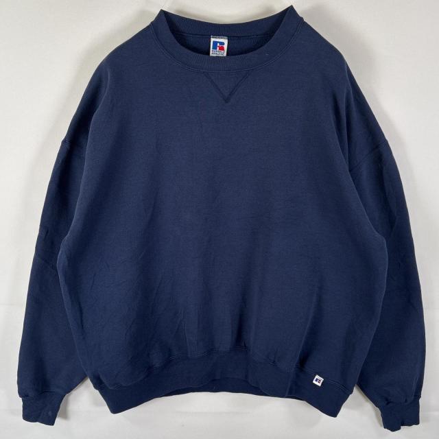 古着 90s/90年代 ラッセル Russell USA製 スウェット トレーナー クルーネック 大きいサイズ 無地 単色 前V XXL  ネイビー メンズ