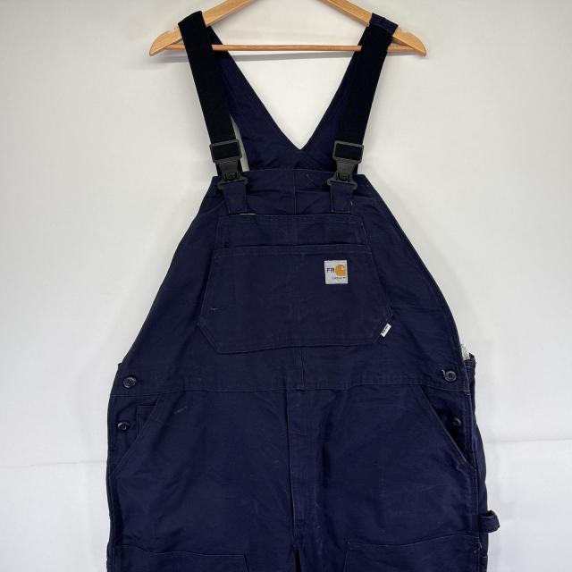 古着 カーハート Carhartt オーバーオール ダック 大きいサイズ ワンポイントロゴ ワーク ダブルニー w46 L32  ネイビー メンズ