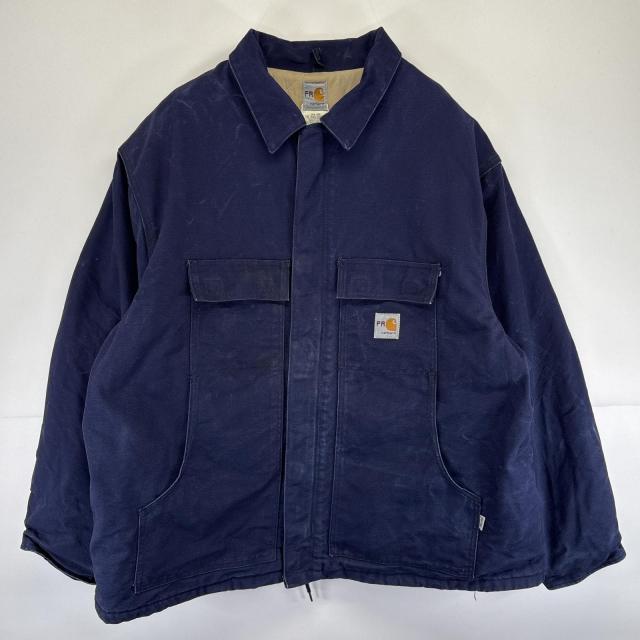 古着 カーハート Carhartt ワークジャケット ダック 中綿 フルジップ ワンポイントロゴ 大きいサイズ 3XL  ネイビー メンズ