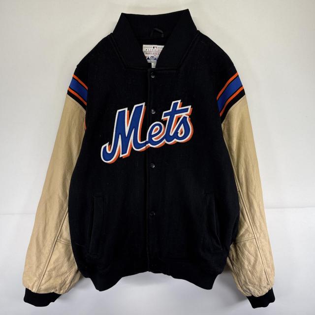 古着 マジェスティック MAJESTIC レザースタジャン アワードジャケット Mets ウール ロゴ刺繍 中綿 大きいサイズ XXL  ブラック メンズ