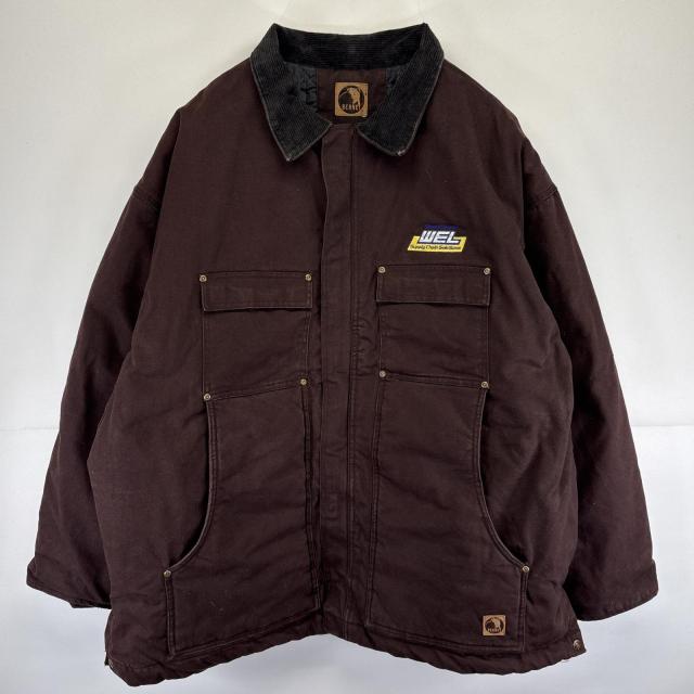 古着 BERNE  ワークジャケット ダック フルジップ 中綿 企業ロゴ 大きいサイズ 4XLR  ブラウン メンズ