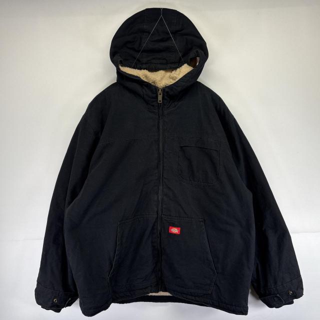 古着 ディッキーズ Dickies ワークジャケット ダック 大きいサイズ ワンポイントロゴ フルジップ パーカー 裏ボア 3XL  ブラック メンズ