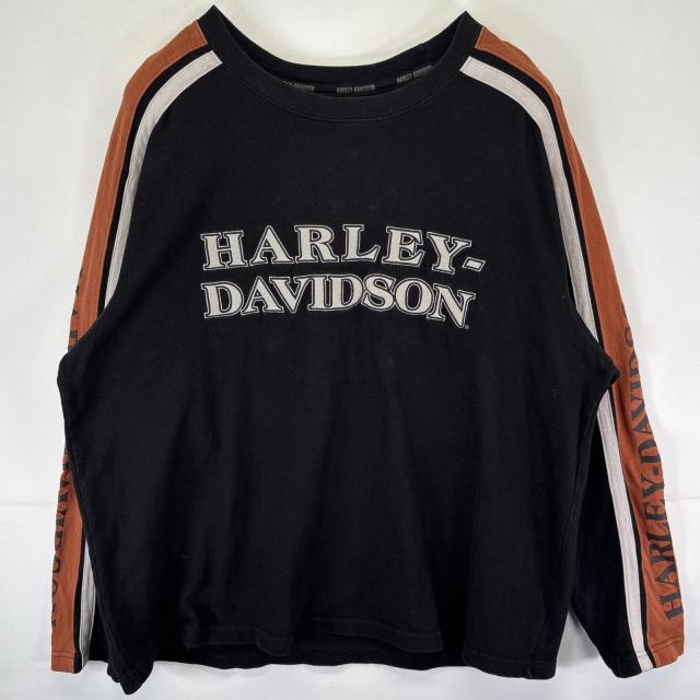 古着 ハーレーダビッドソン HARLEY DAVIDSON 長袖Tシャツ バックロゴ刺繍 袖ロゴ ビッグロゴ トレーナー 大きいサイズ 2XL  ブラック