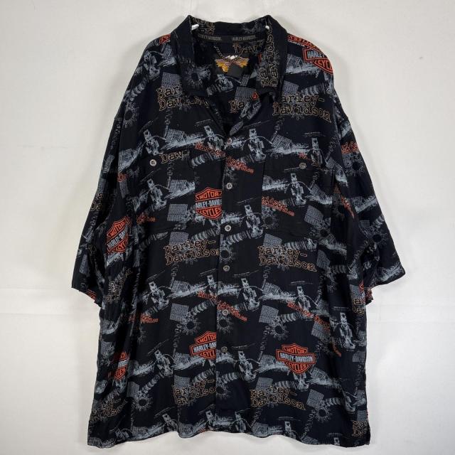 古着 ハーレーダビッドソン HARLEY DAVIDSON 半袖シャツ メタルボタン 大きいサイズ 企業 バイク モーターカルチャー XXL  ネイビー 総柄