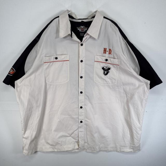 古着 ハーレーダビッドソン HARLEY DAVIDSON 半袖シャツ ワーク 両面 刺繍 ロゴ 大きいサイズ 3XL  ベージュ系 ツートン メンズ