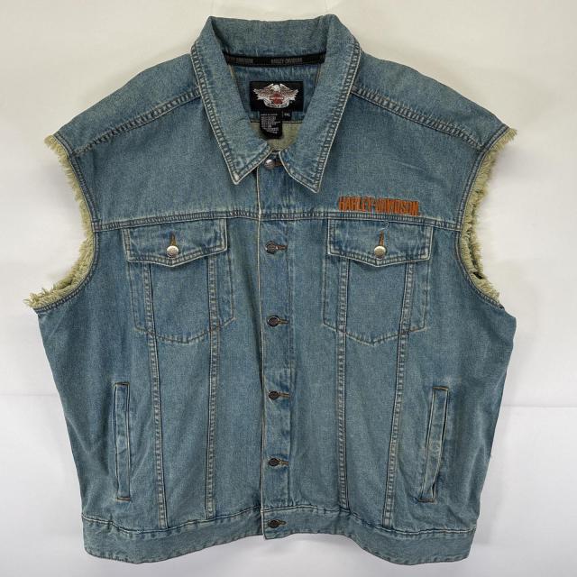 古着 ハーレーダビッドソン HARLEY DAVIDSON デニムベスト バックロゴ刺繍 バイカー 大きいサイズ ボタン XXXL  ブルー メンズ