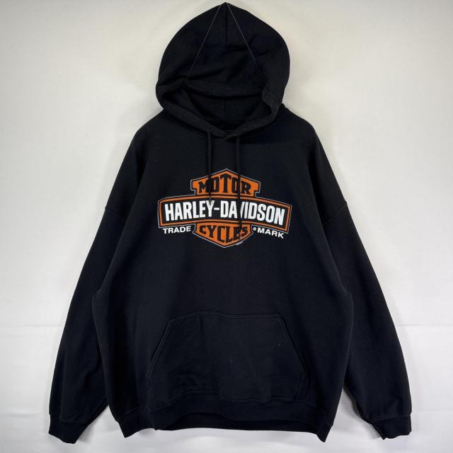 古着 ハーレーダビッドソン HARLEY DAVIDSON パーカー スウェット バックプリント イラスト 大きいサイズ プルオーバー  2XL  ブラック