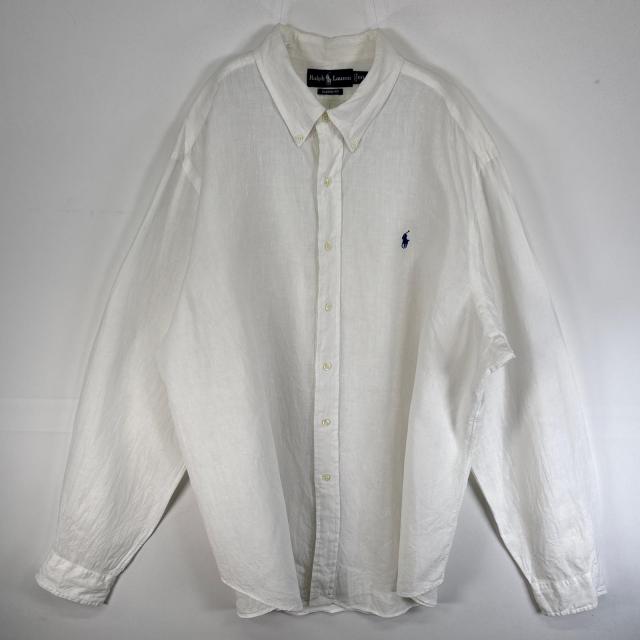 古着 ラルフローレン RALPH LAUREN 長袖シャツ ロゴ 刺繍 大きいサイズ リネン XXL  ホワイト 無地 メンズ