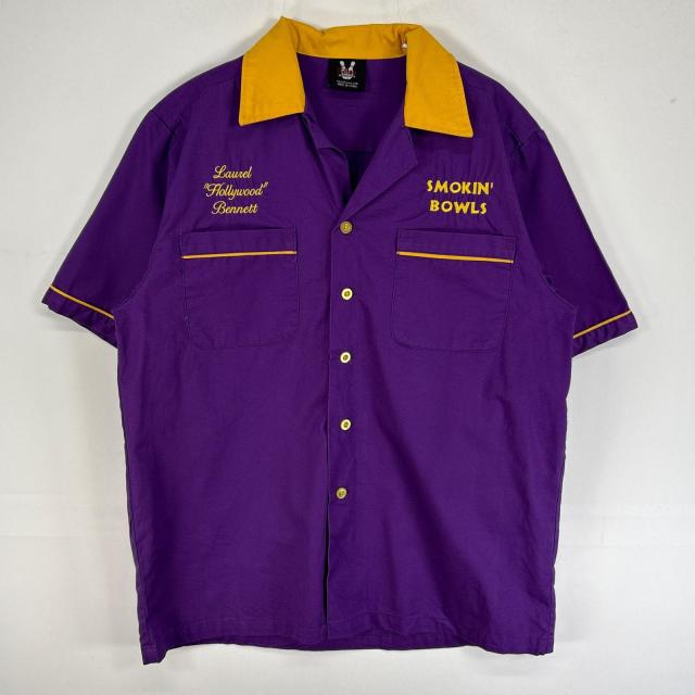 古着 ヒルトン HILTON 半袖シャツ ボーリング 刺繍 胸ポケ S  パープル ツートン メンズ