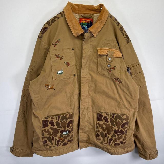 古着  BORN FLY カバーオール サファリジャケット 大きいサイズ ボアライナー 刺繍 3XL  ブラウン系 メンズ