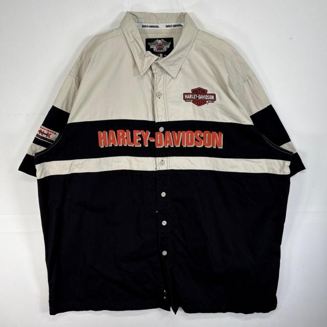 古着 ハーレーダビッドソン HARLEY DAVIDSON 半袖シャツ プリント レーシング ワッペン XXL  ブラック系 ツートン メンズ