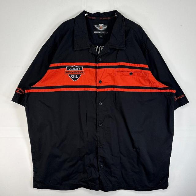 古着 ハーレーダビッドソン HARLEY DAVIDSON 半袖シャツ モーターカルチャー ワッペン 刺繍 企業 大きいサイズ 2XL ブラック系 ツートン