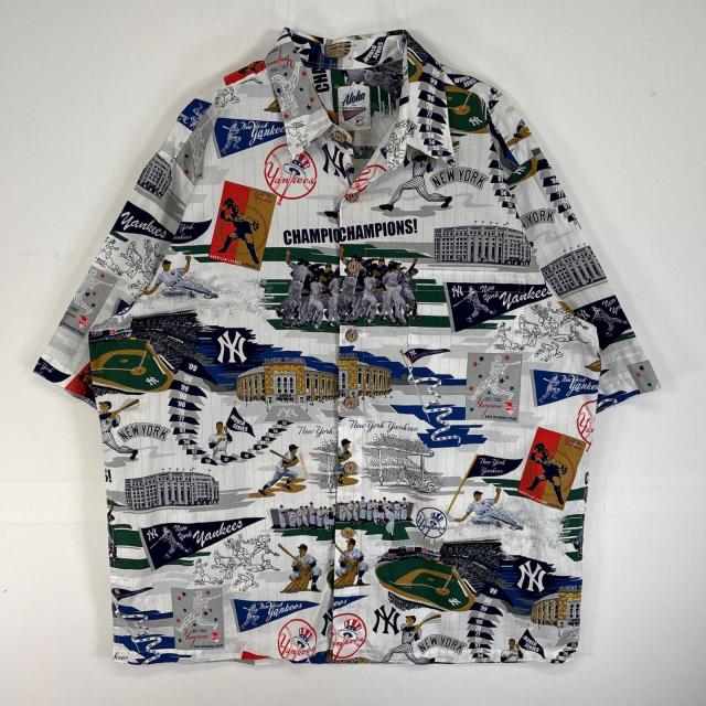 古着 レインスプーナー REYNSPOONER 半袖シャツ コラボ MLB ヤンキース アロハ L  ホワイト 総柄 メンズ