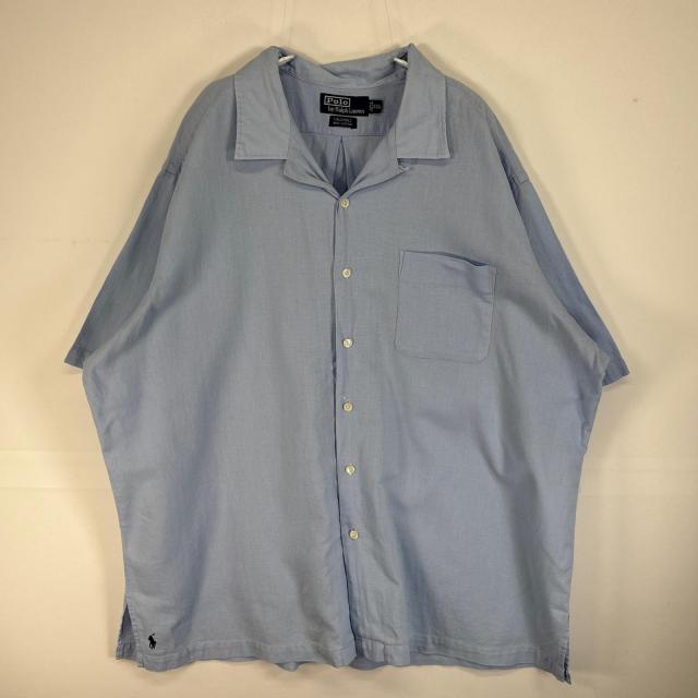 古着 90s/90年代 ポロバイラルフローレン Polo by Ralph Lauren 半袖シャツ ロゴ 刺繍 CALDWELL オープンカラー XXL  水色 無地 メンズ