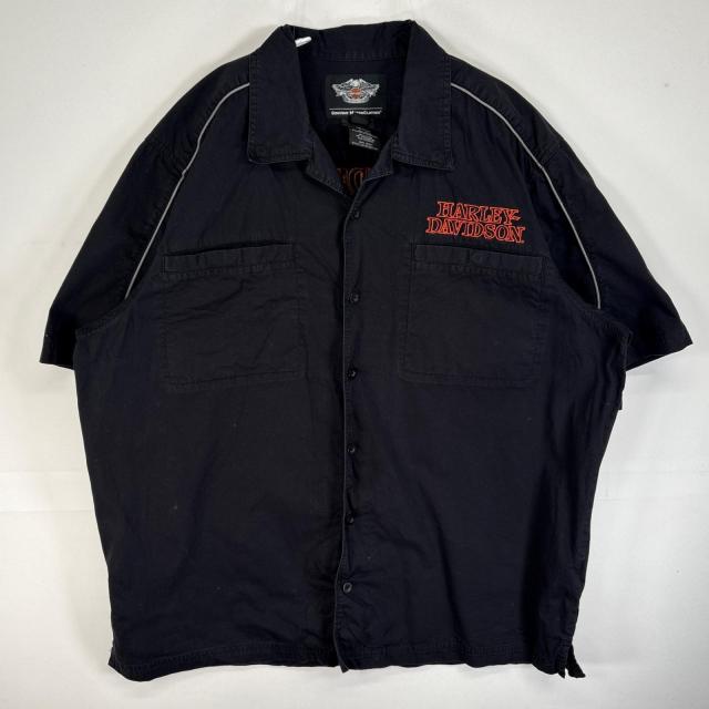 古着 ハーレーダビッドソン HARLEY DAVIDSON 半袖シャツ ワーク モーターカルチャー 両面 刺繍 ロゴ スカル XL  ブラック メンズ