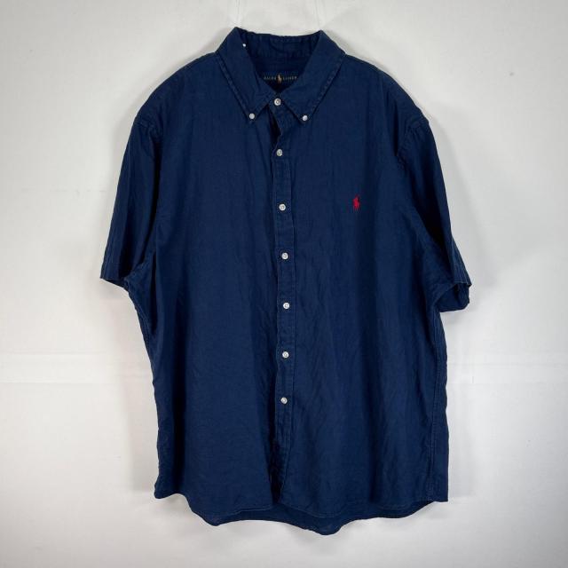 古着 ラルフローレン RALPH LAUREN 半袖シャツ ロゴ 刺繍 大きいサイズ リネン XXL  ネイビー系 無地 メンズ