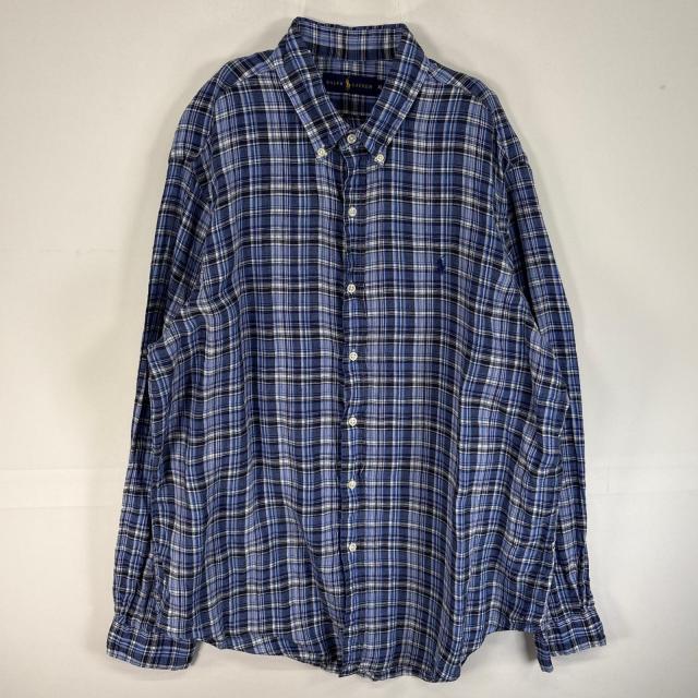 古着 ラルフローレン RALPH LAUREN 長袖シャツ ロゴ 刺繍 大きいサイズ チェック リネン XL  ネイビー系 マルチカラー メンズ