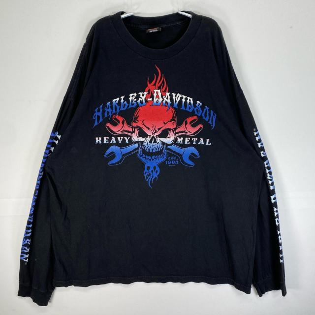古着 ハーレーダビッドソン HARLEY DAVIDSON 長袖シャツ モーターカルチャー アニマル スカル 2XL  ブラック 両面プリント メンズ