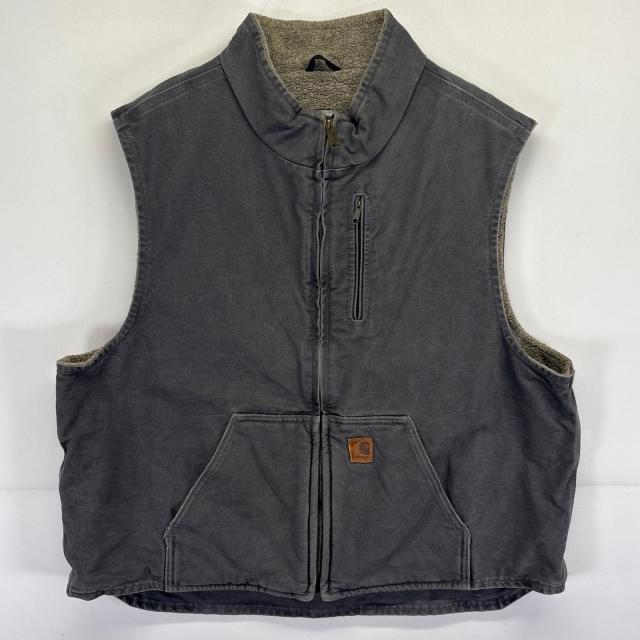 古着 カーハート Carhartt ベスト ダック 大きいサイズ ボアライナー ワンポイントロゴ 2XL  ダークグレー系 メンズ