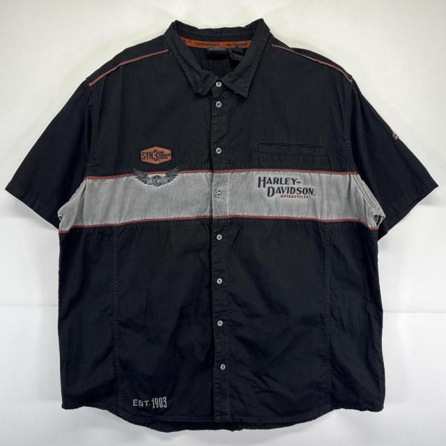古着 ハーレーダビッドソン HARLEY DAVIDSON 半袖シャツ レーシングシャツ ワッペン 大きいサイズ バックデザイン 4XL  ブラック メンズ