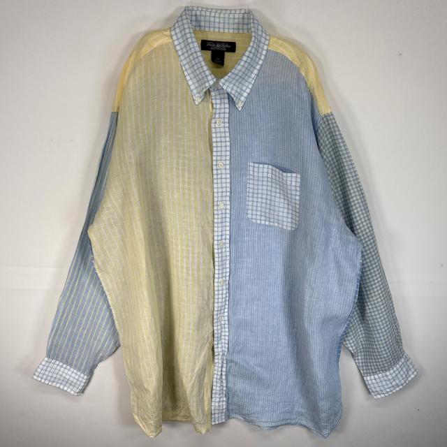 古着 ブルックスブラザーズ Brooks Brothers 長袖シャツ クレイジーパターン 胸ポケ リネン 2XL  イエロー系 マルチカラー メンズ