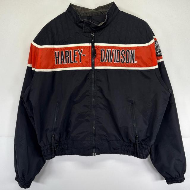 古着 ハーレーダビッドソン HARLEY DAVIDSON USA製 ナイロンジャケット 大きいサイズ ロゴ刺繍 フルジップ ワッペン  2XL  ブラック