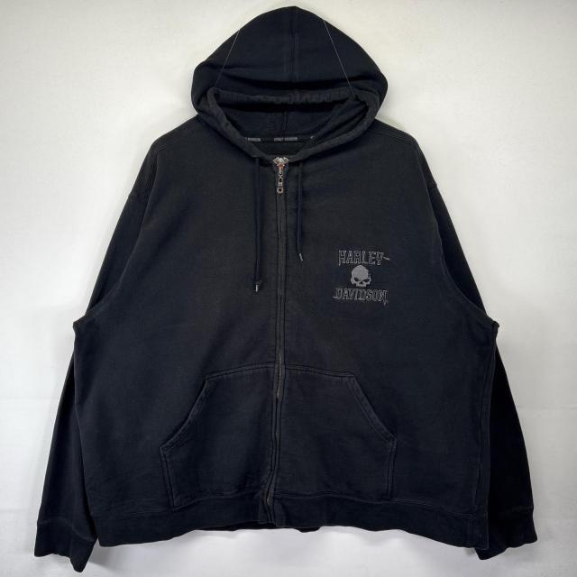 古着 ハーレーダビッドソン HARLEY DAVIDSON パーカー 大きいサイズ フルジップ ドクロ バイク ビックプリント 4XL  ブラック メンズ