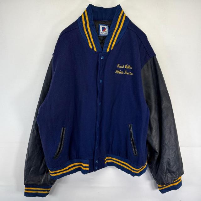 古着 レノック Rennoc USA製 スタジャン ウール ワッペン レザースリーブ 大きいサイズ 刺繍 2XL  ブルー メンズ