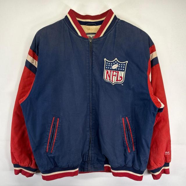 古着  MIRAGE スタジャン 大きいサイズ NFL ビックワッペンロゴデザイン 中綿 スポーツ チーム 裏地プリント 2XL  ネイビー メンズ