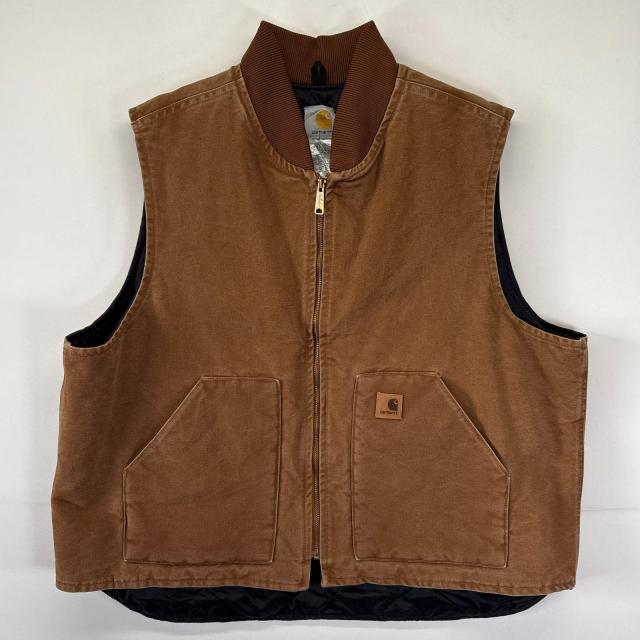 古着 カーハート Carhartt ベスト 大きいサイズ ダック地 フルジップ 中綿 ワーク ワンポイントロゴ 2XL  ブラウン系 メンズ