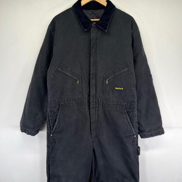 古着 ウォールズ walls 長袖つなぎ ダック オールインワン ワーク 中綿 ワンポイントロゴ L  ブラック メンズ
