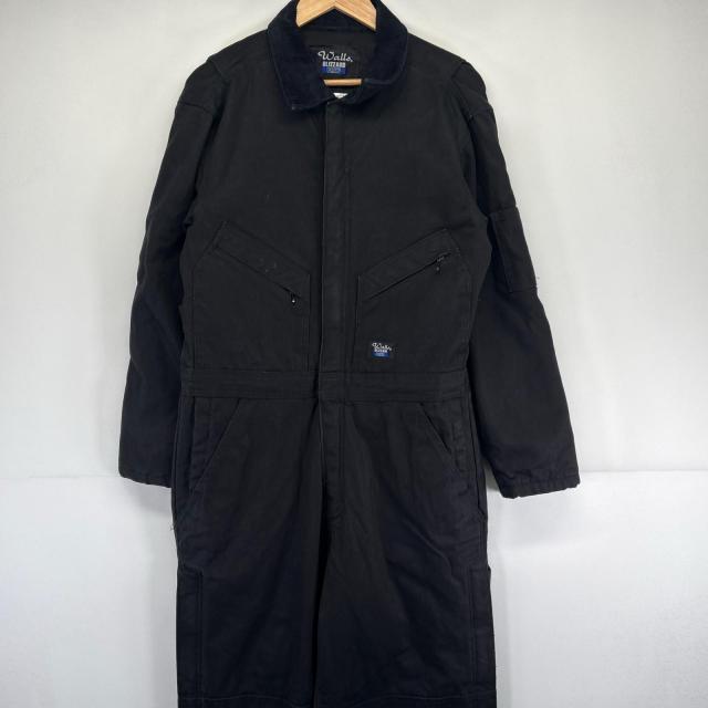 古着 ウォールズ walls 長袖つなぎ ダック オールインワン 中綿 ワンポイントロゴ 襟コーデュロイ CHEST 38/40  ブラック メンズ