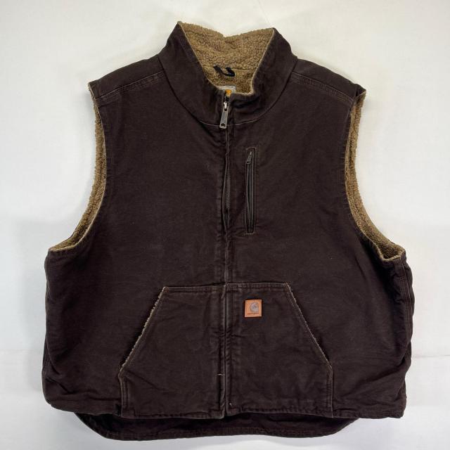 古着 カーハート Carhartt ベスト 大きいサイズ ダック地 裏地ボア フルジップ ワーク ワンポイントロゴ刺? 2XL  ブラウン メンズ