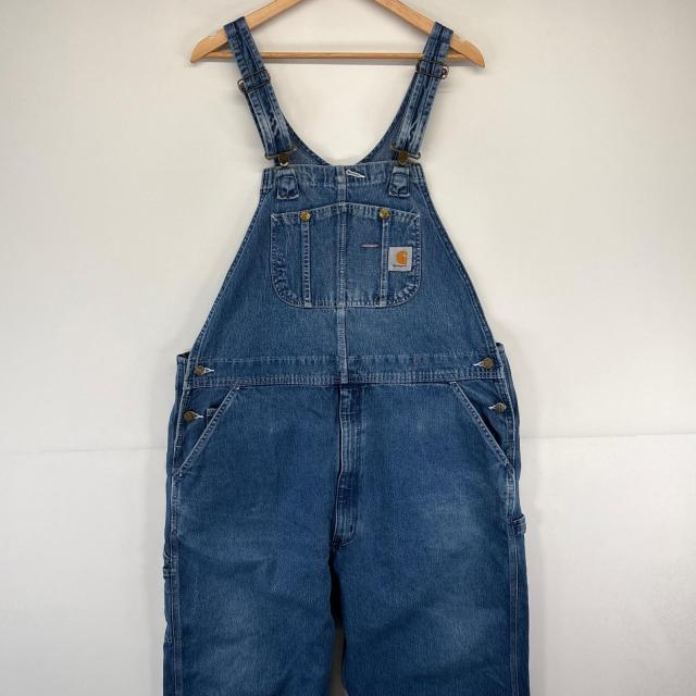 古着 カーハート Carhartt オーバーオール デニム 大きいサイズ ワンポイントロゴ ワーク w44 L30  ブルー メンズ