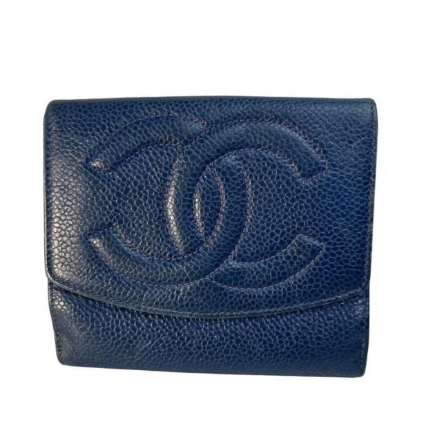 CHANEL シャネル ココマーク 二つ折り財布 マットキャビアスキン ブルー 【中古】 レディース