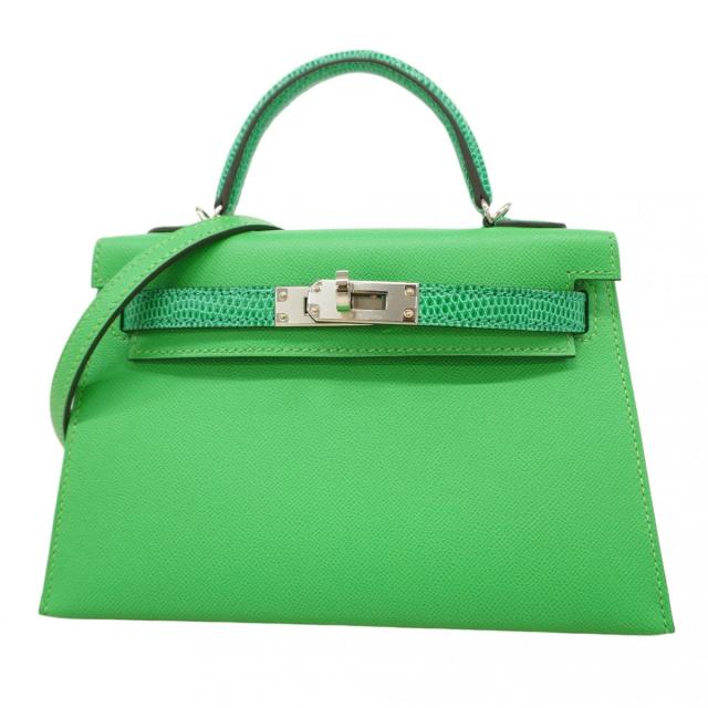 ★SALE【5ia1207-g-h】エルメス ハンドバッグ ミニケリー2 タッチ リザード ヴォーマダム ヴェールコミック/ヴェールヴェローヌ シルバー金具 W刻印【中古】レディース