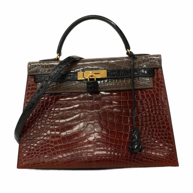 ★SALE【5od1116-3-h-g】エルメス ハンドバッグ ケリー32 トリコロール アリゲーター ブラウン ブラック グレー ゴールド金具 〇V刻印【中古】レディース